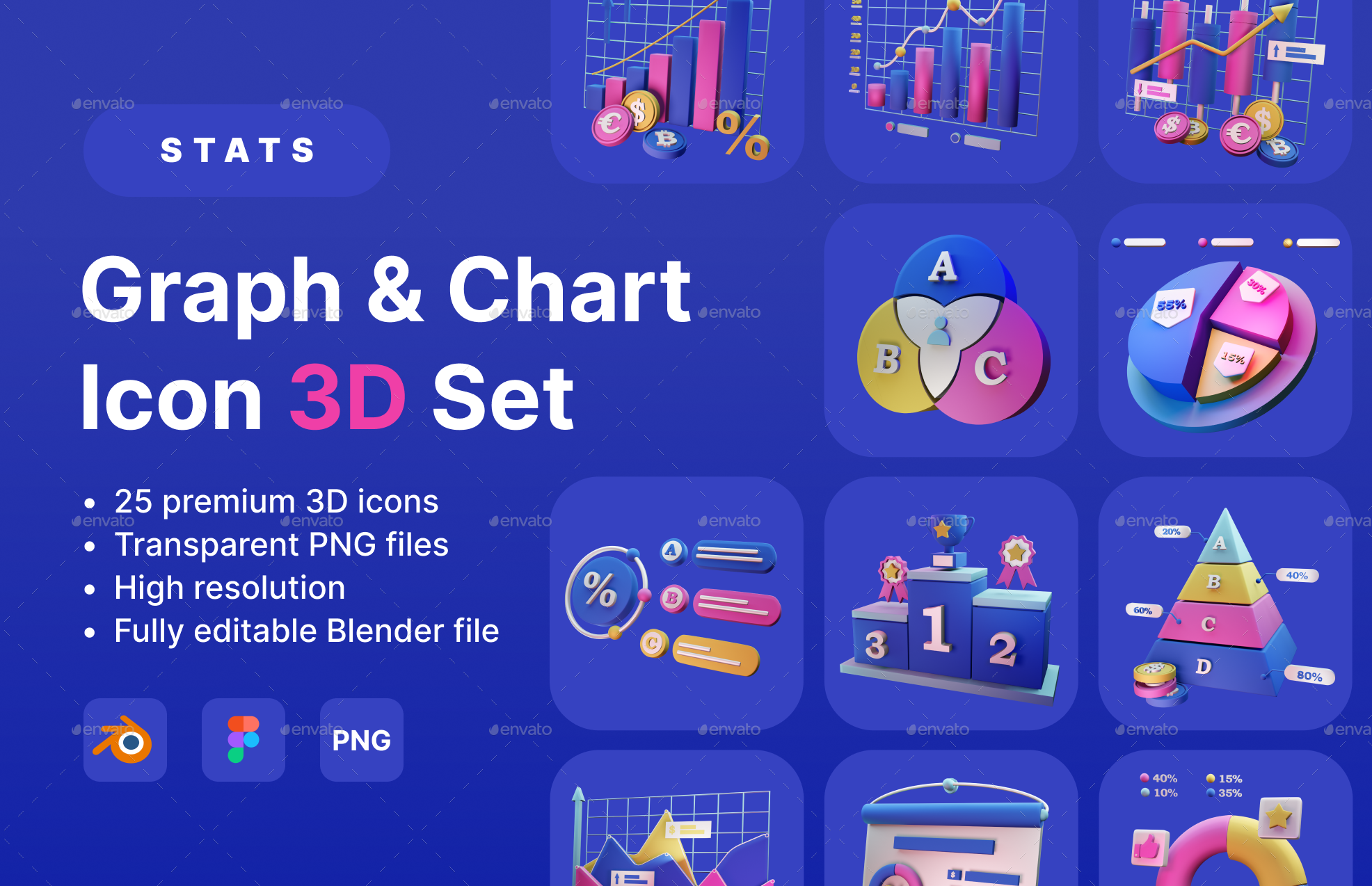 Statistics And Chart 3D Icons Set, Icons | GraphicRiver